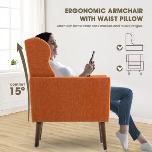 cinkehome Accent Chairs Set of 2 for Living Room, Chenille Upholstered Mordern Armchair, Comfy Soft Padded Lounge Reading Arm Chair in Small Spaces, Bedroom, w/Pillow, Solid Wood Leg, Orange