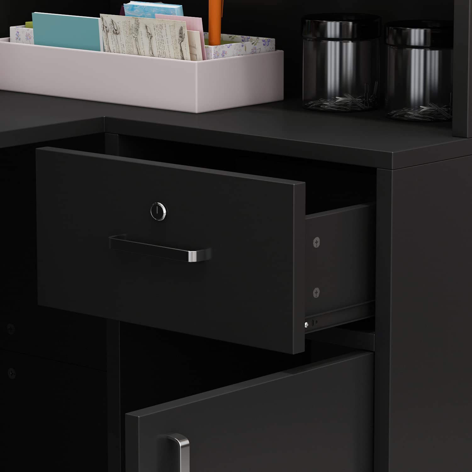 Hitow Modern Reception Desk Counter Table, L-Shap Reception Room Front Desk with Lockable Drawer & Open Shelves, Retail Counter for Salon Checkout Office, Black (55.9" W x 32.3" D x 48.4" H)