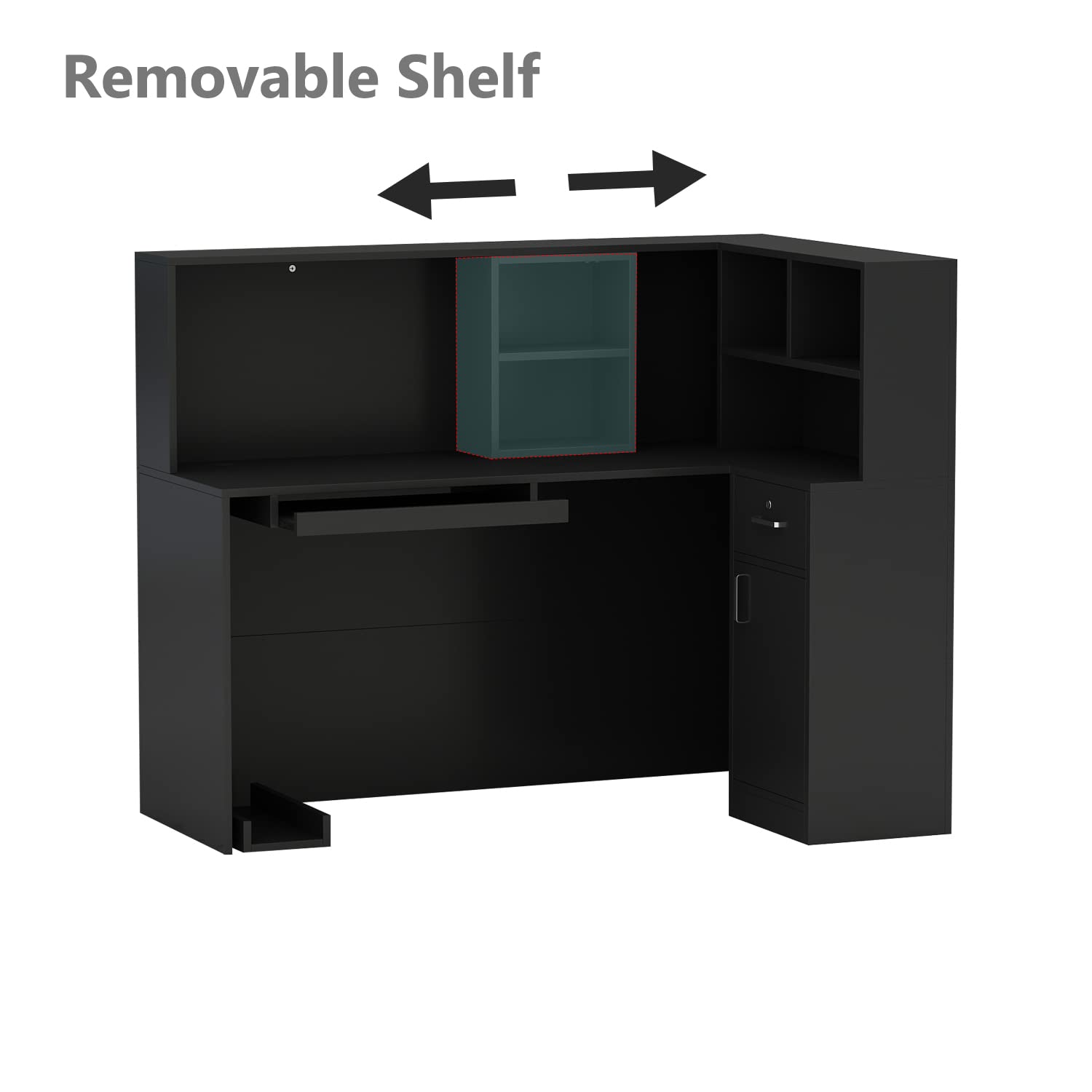 Hitow Modern Reception Desk Counter Table, L-Shap Reception Room Front Desk with Lockable Drawer & Open Shelves, Retail Counter for Salon Checkout Office, Black (55.9" W x 32.3" D x 48.4" H)