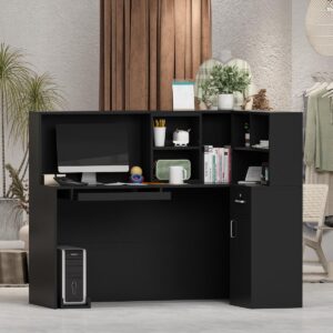 Hitow Modern Reception Desk Counter Table, L-Shap Reception Room Front Desk with Lockable Drawer & Open Shelves, Retail Counter for Salon Checkout Office, Black (55.9" W x 32.3" D x 48.4" H)