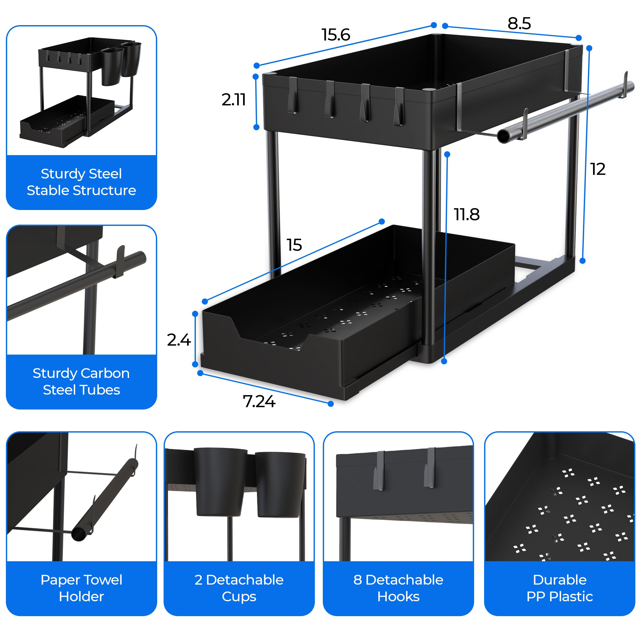 HomeCentral Under Sink Organizers and Storage, 2 Tier Kitchen and Bathroom Cabinet Organizer with Paper Towel Holder, 2 Pack Under Sink Organizer with Hooks, Cups and Pull Out Drawers