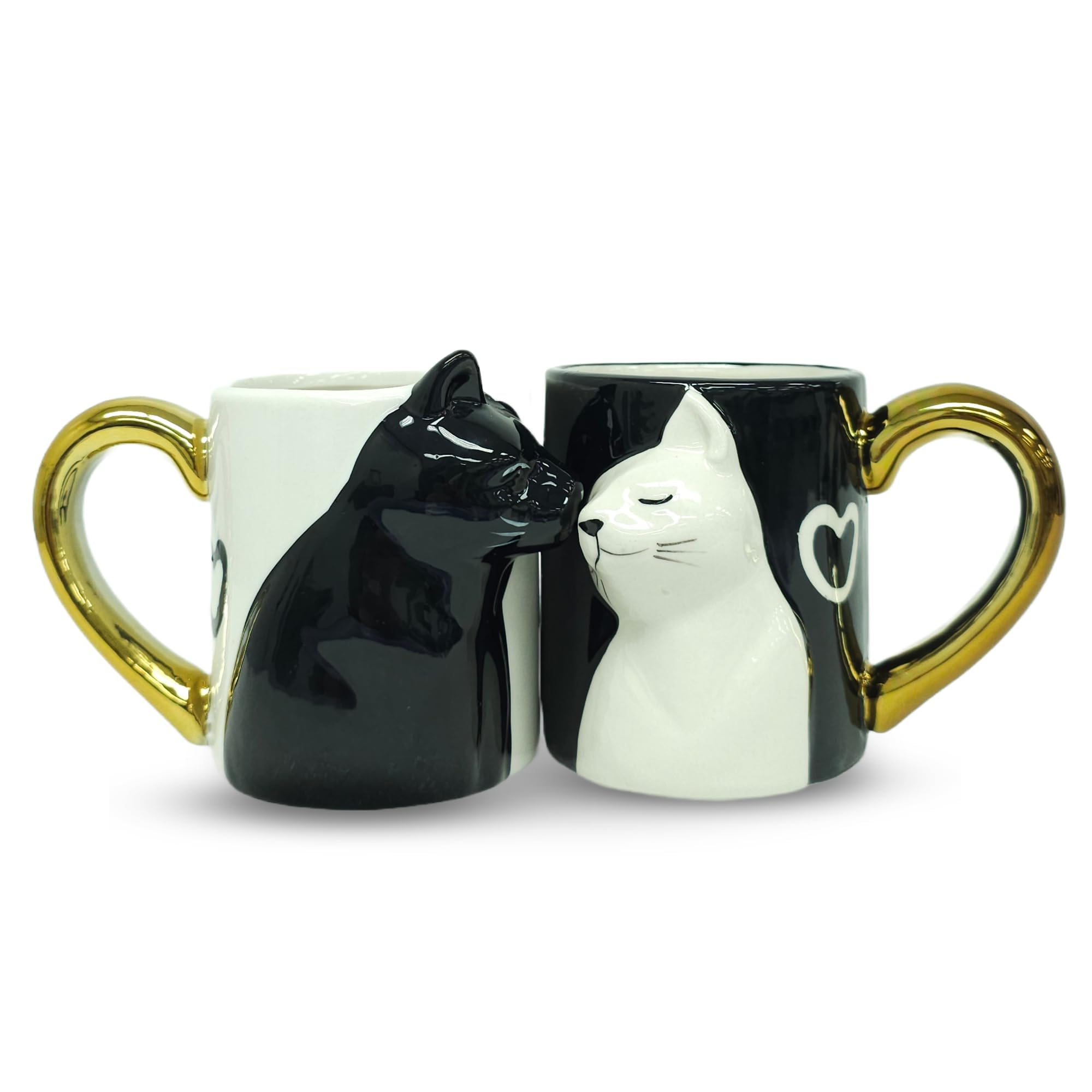 JVSupply Couple Gifts Cute Kissing Cat Mug Set Matching Couples Gold Ceramic Coffee Mug Set Couple Gifts for Wedding Anniversary Engagement Gifts for Cat Lovers 14oz.