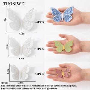 Tuosiwei 12PCS Butterfly Wall Decals - 3D Butterflies Decor for Wall Removable Mural Stickers Home Decoration Kids Room Bedroom Decor (White Silvery)