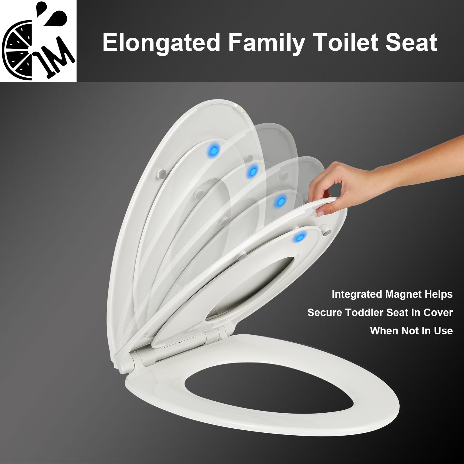 Elongated Toilet Seat with Built-In Potty training Seat, Slow-Close Hinges, No-Slam Technology, Quick Removal for Easy Cleaning, Detachable Toddler Seat, White