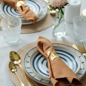 10-Piece Set All in 1 Dinnerware Set for 1 Person Dish Set Blue & White Cute Single Person Farmhouse Dinnerware 2 White Plates/Gold Cutlery/Cotton Place Mat/Napkin/Napkin Holder/Water Glass