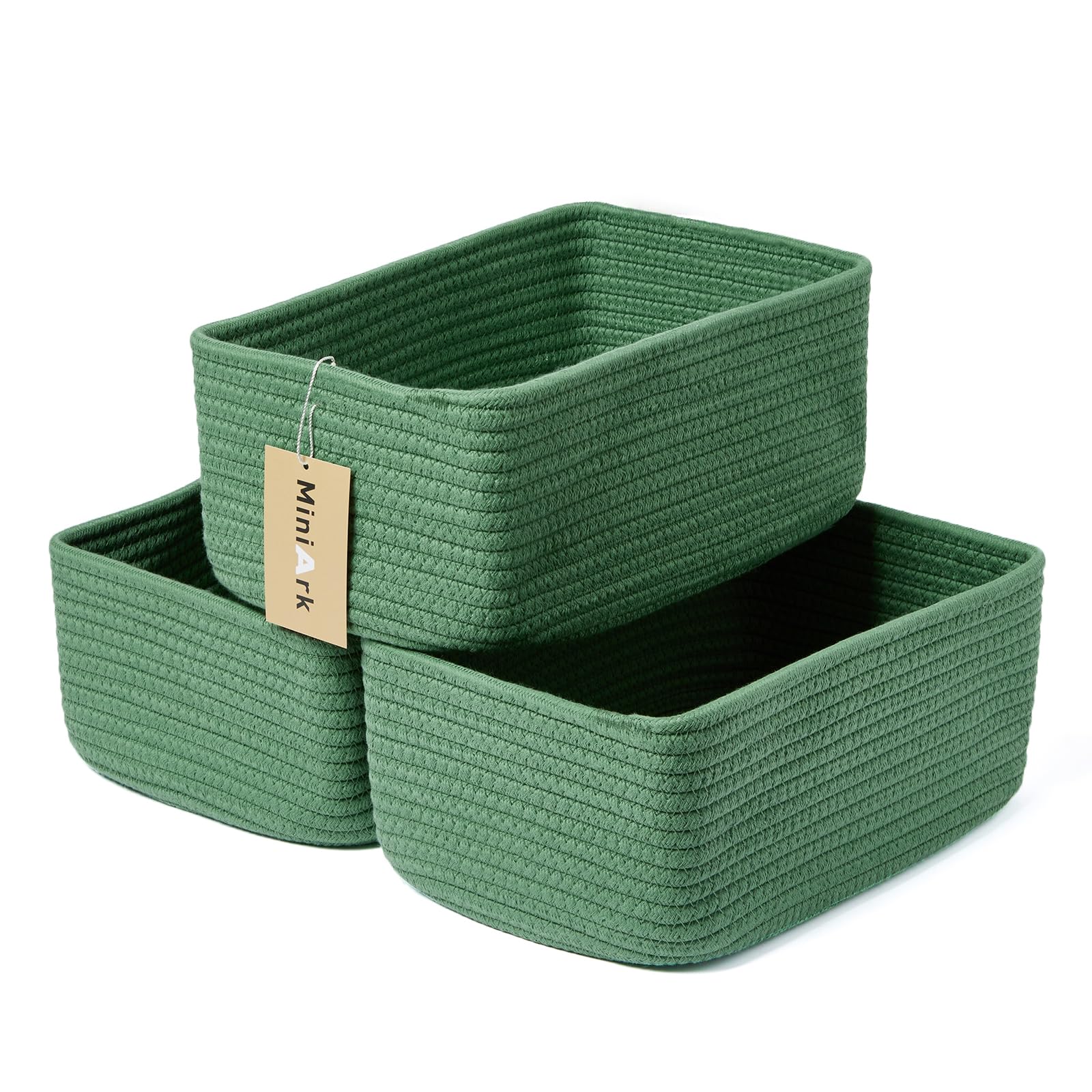 MiniArk Small Storage Basket for Shelves | Closet Bins for Organizing | Cube Storage Bin | Cotton Rope Baskets | Woven Basket | Toy Basket | Soft Baby Basket | Cute Decorative Basket | 3 Packs Green