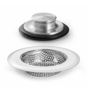 cornerjoy 4.5 inch diameter rim heavy duty stainless steel kitchen sink basket strainer and 3.38" diameter stainless steel kitchen sink stopper(pack of 2)