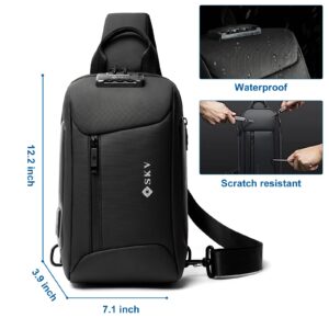 VALUEQLO Anti Theft Sling Bag, Waterproof Sling Crossbody Backpack Chest Bag with USB Charging Port, Casual Daypack Shoulder Bag for Men Women, Black