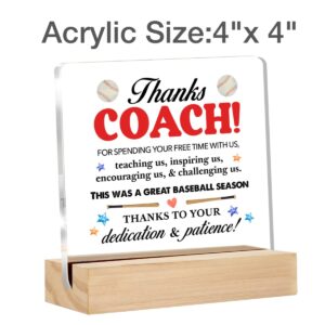 Thank You Gifts for Baseball Coach Clear Desk Decorative Sign Grateful Baseball Coach Appreciation Gift Acrylic Sign with Stand Table Plaque Sign Keepsake Office Decor