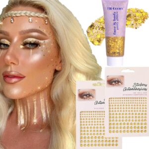 yosomk gold body glitter gel & 2 sheets face gems rhinestones set, face glitter makeup & hair jewels stick on, holographic hair glitter eye gems,chunky glitter face jewels for makeup festival