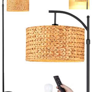 QIYIZM Floor Lamp for Living Room Bedroom Farmhouse Arc Rattan Boho Standing Lamp with Remote Dimmable Black Wicker Bamboo Lamp Shade Floor Light Adjustable Tall Lamp Industrial Floor Lamps Bohemian