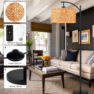 QIYIZM Floor Lamp for Living Room Bedroom Farmhouse Arc Rattan Boho Standing Lamp with Remote Dimmable Black Wicker Bamboo Lamp Shade Floor Light Adjustable Tall Lamp Industrial Floor Lamps Bohemian