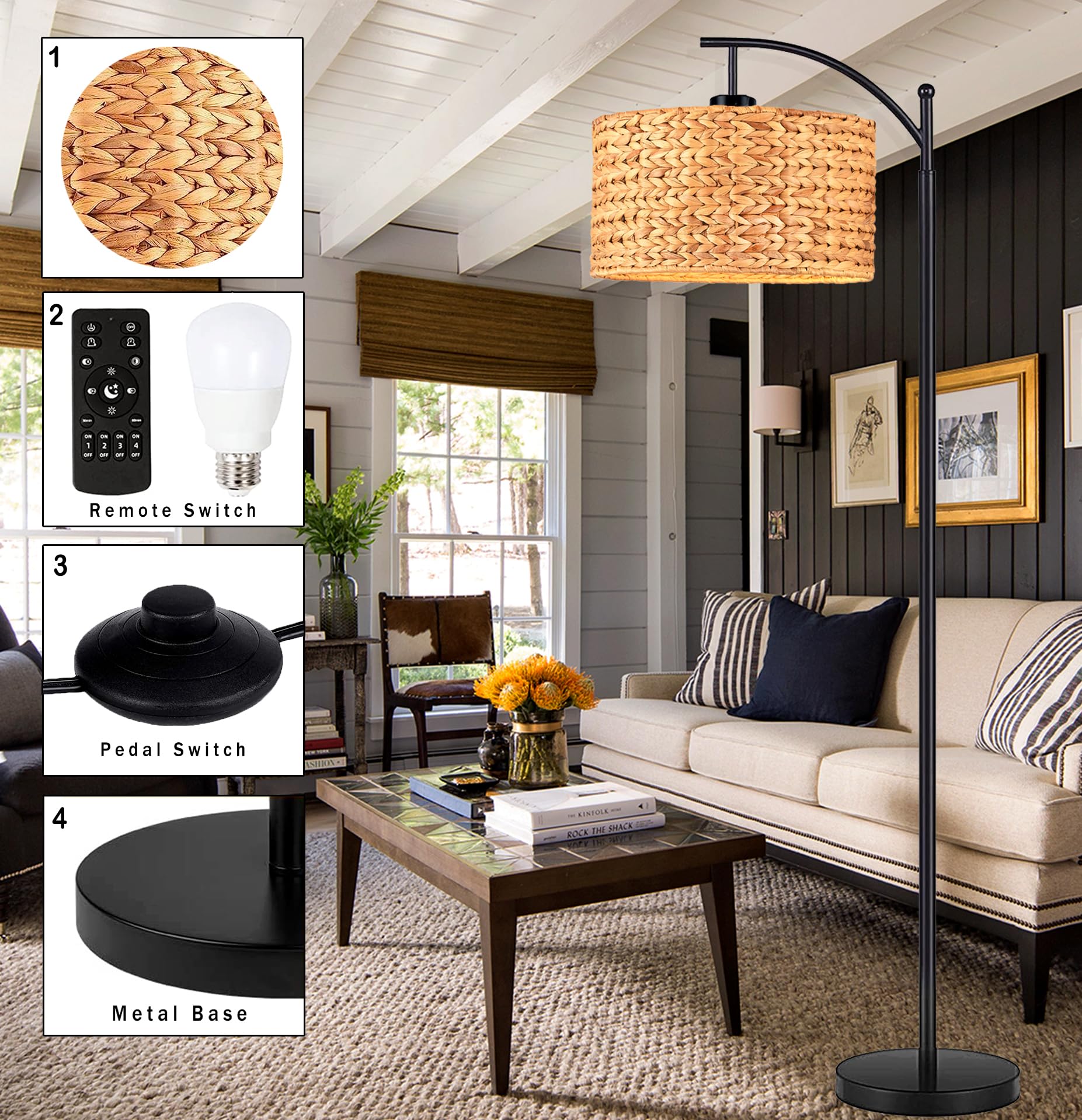 QIYIZM Floor Lamp for Living Room Bedroom Farmhouse Arc Rattan Boho Standing Lamp with Remote Dimmable Black Wicker Bamboo Lamp Shade Floor Light Adjustable Tall Lamp Industrial Floor Lamps Bohemian