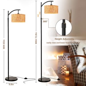 QIYIZM Floor Lamp for Living Room Bedroom Farmhouse Arc Rattan Boho Standing Lamp with Remote Dimmable Black Wicker Bamboo Lamp Shade Floor Light Adjustable Tall Lamp Industrial Floor Lamps Bohemian