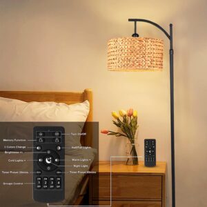 QIYIZM Floor Lamp for Living Room Bedroom Farmhouse Arc Rattan Boho Standing Lamp with Remote Dimmable Black Wicker Bamboo Lamp Shade Floor Light Adjustable Tall Lamp Industrial Floor Lamps Bohemian