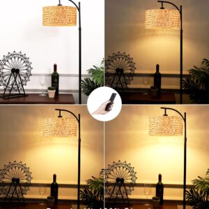 QIYIZM Floor Lamp for Living Room Bedroom Farmhouse Arc Rattan Boho Standing Lamp with Remote Dimmable Black Wicker Bamboo Lamp Shade Floor Light Adjustable Tall Lamp Industrial Floor Lamps Bohemian