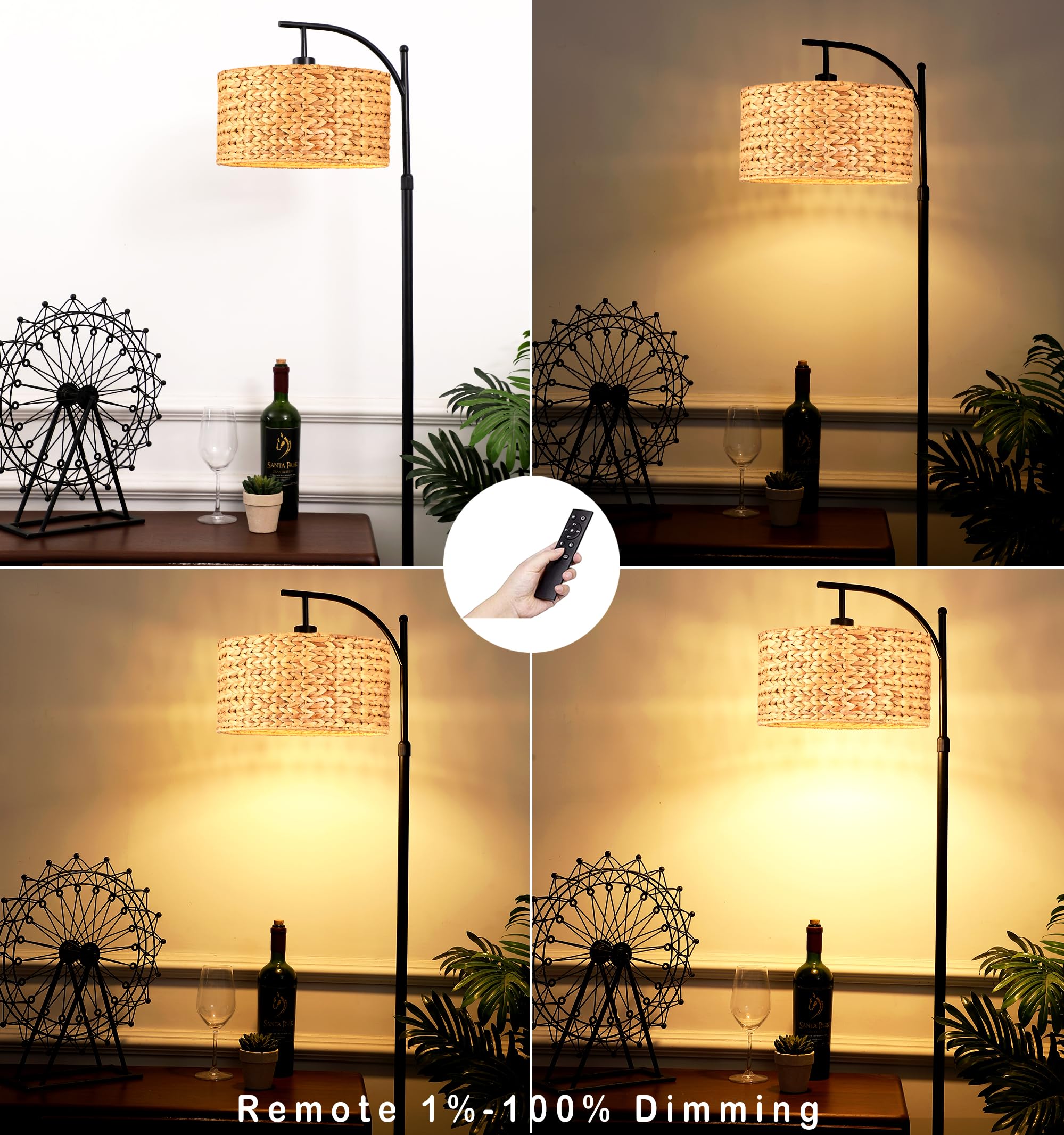 QIYIZM Floor Lamp for Living Room Bedroom Farmhouse Arc Rattan Boho Standing Lamp with Remote Dimmable Black Wicker Bamboo Lamp Shade Floor Light Adjustable Tall Lamp Industrial Floor Lamps Bohemian