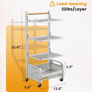 Aratan 4 Tier Rolling Cart, Metal Utility Cart on Wheels, Detachable Small Kitchen Cart Storage Organizer Cart with Wooden Handle for Home, Office and Classroom