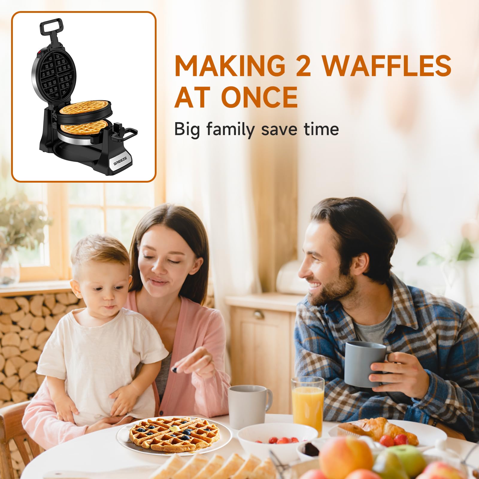 Waffle Maker, Double Belgian Waffle Maker 180°Flip, 1400W Waffle Iron 8 Slices, Rotating & Nonstick Plates with Removable Drip Tray for Easy Clean, Stainless Steel, Locking Buckle & Cool Touch Handle