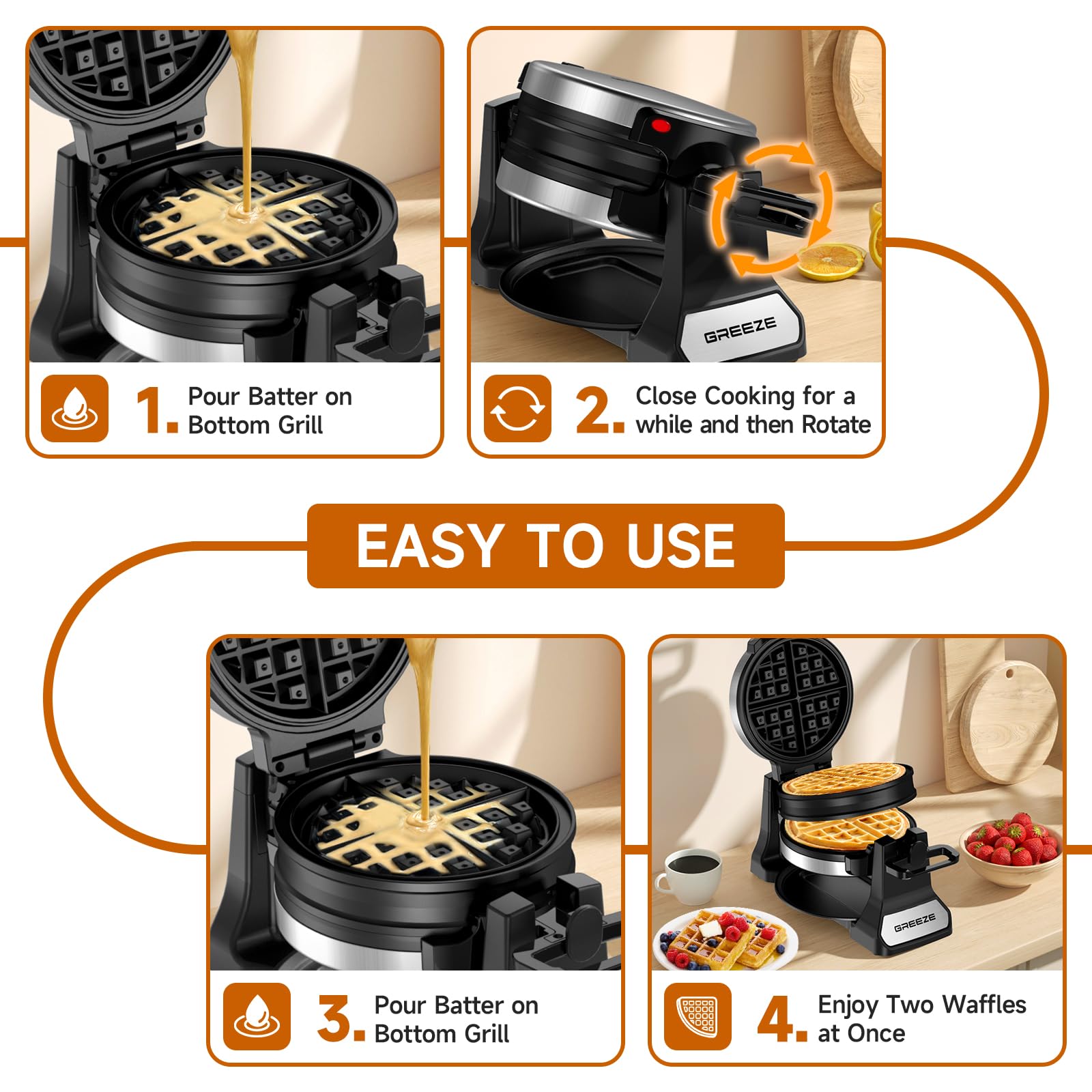 Waffle Maker, Double Belgian Waffle Maker 180°Flip, 1400W Waffle Iron 8 Slices, Rotating & Nonstick Plates with Removable Drip Tray for Easy Clean, Stainless Steel, Locking Buckle & Cool Touch Handle