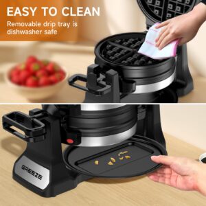 Waffle Maker, Double Belgian Waffle Maker 180°Flip, 1400W Waffle Iron 8 Slices, Rotating & Nonstick Plates with Removable Drip Tray for Easy Clean, Stainless Steel, Locking Buckle & Cool Touch Handle