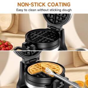 Waffle Maker, Double Belgian Waffle Maker 180°Flip, 1400W Waffle Iron 8 Slices, Rotating & Nonstick Plates with Removable Drip Tray for Easy Clean, Stainless Steel, Locking Buckle & Cool Touch Handle