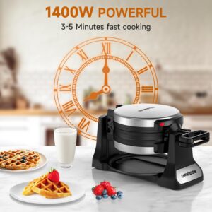 Waffle Maker, Double Belgian Waffle Maker 180°Flip, 1400W Waffle Iron 8 Slices, Rotating & Nonstick Plates with Removable Drip Tray for Easy Clean, Stainless Steel, Locking Buckle & Cool Touch Handle