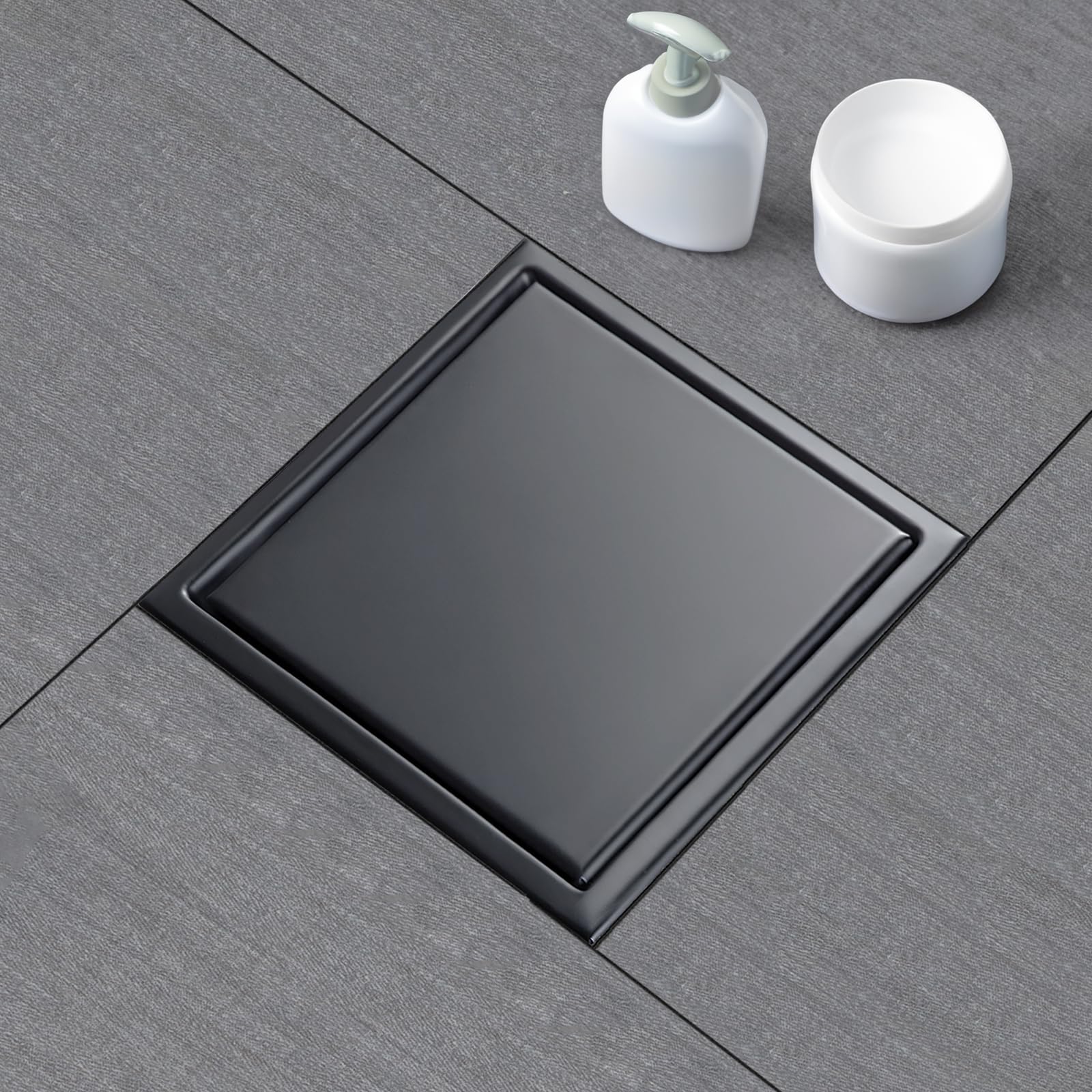 SaniteModar Black Shower Drain, 6 inch Shower Floor Square Drain with Flange, 2 in 1 Panel SUS 304 Stainless Steel Square Shower Drain, Matte Black…