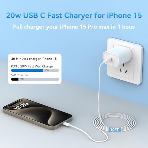 iPhone 15 Pro Charger Fast Charging, 20W USB C Fast Charger Block with 10ft Long USB C Charging Cable Cord for iPhone 15/15 Pro/15 Pro Max/15 Plus, iPad 12.9/11/10.9, Air 5/4,Samsung Galaxy S24Ultra