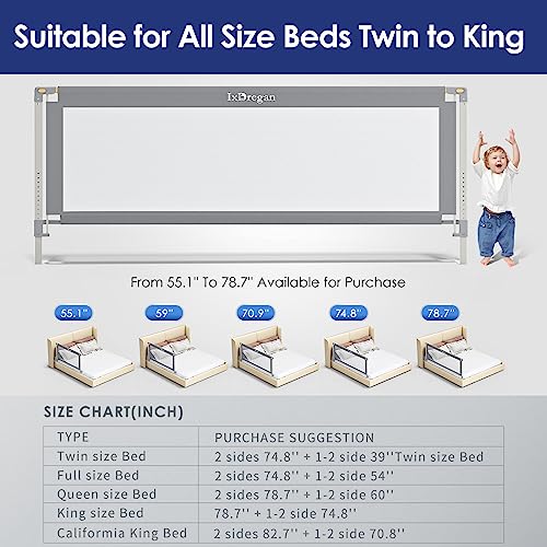 Ixdregan Bed Rail for Toddlers - Double Side Lift and Adjustable Height Bed Rails for Queen Bed, Safe & Nature Fiber Material Washable, Fits for Full-Size Bed Rail for Baby (Grey, 1 Piece, 78.7‘’)