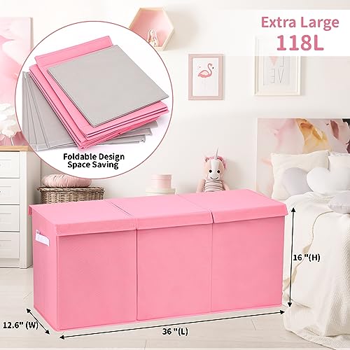 Fixwal Toy Storage Organizer for Girls - Extra Large Toddler Toy Box Kids Toy Chest, Collapsible Removable Divider for Nursery Playroom Bedroom Closet, 36"x12.6"x16" (Pink)