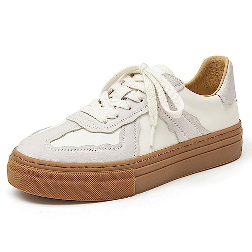 BEAU TODAY Fashion Sneakers Women, Casual Retro Platform Leather Sneakers for Women, Comfortable Tennis Runnig Trainer Shoes N-Beige 8