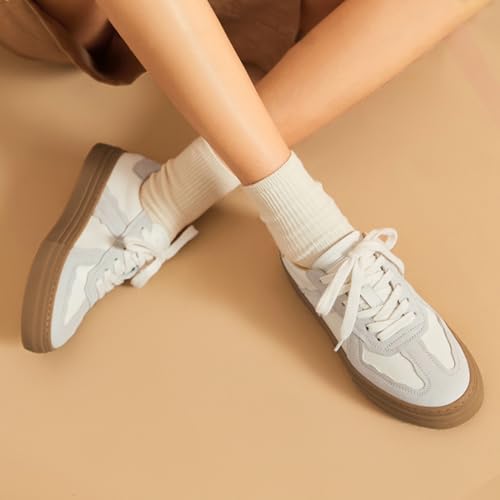 BEAU TODAY Fashion Sneakers Women, Casual Retro Platform Leather Sneakers for Women, Comfortable Tennis Runnig Trainer Shoes N-Beige 8