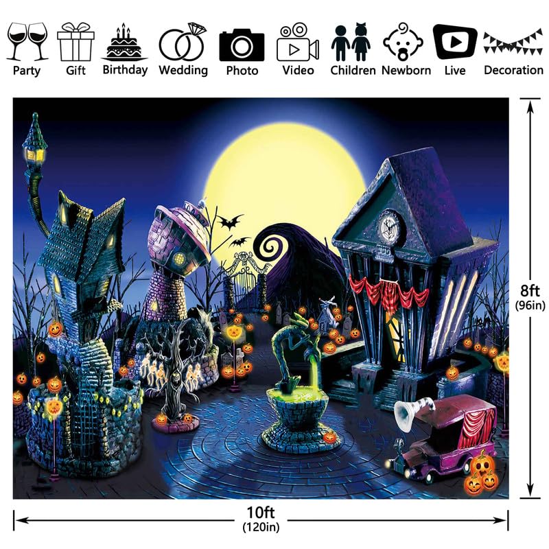 ZTHMOE 10x8ft Halloween Nightmare Themed Party Photography Backdrop Pumpkin Moon Town Background Birthday Baby Shower Christmas Party Decorations Photo Tapestry Props