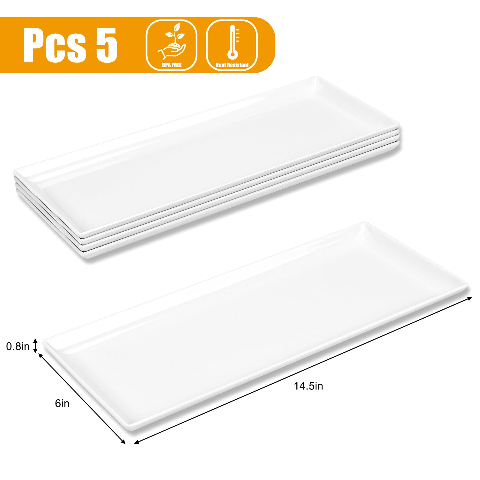 Moretoes 5pcs 14.5" x 6" White Serving Trays for Party Supplies, Unbreakable Rectangle Plates, Imitation Porcelain Dishes Reusable Rectangular Plates for Food Sushi Desserts Platter Dishwasher Safe