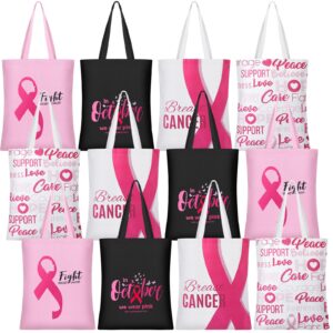 silkfly 12 pcs breast cancer awareness gift canvas tote bags with handles pink ribbon bags reusable grocery shopping party cloth handbags washable craft, 13.78 x 15.75 in