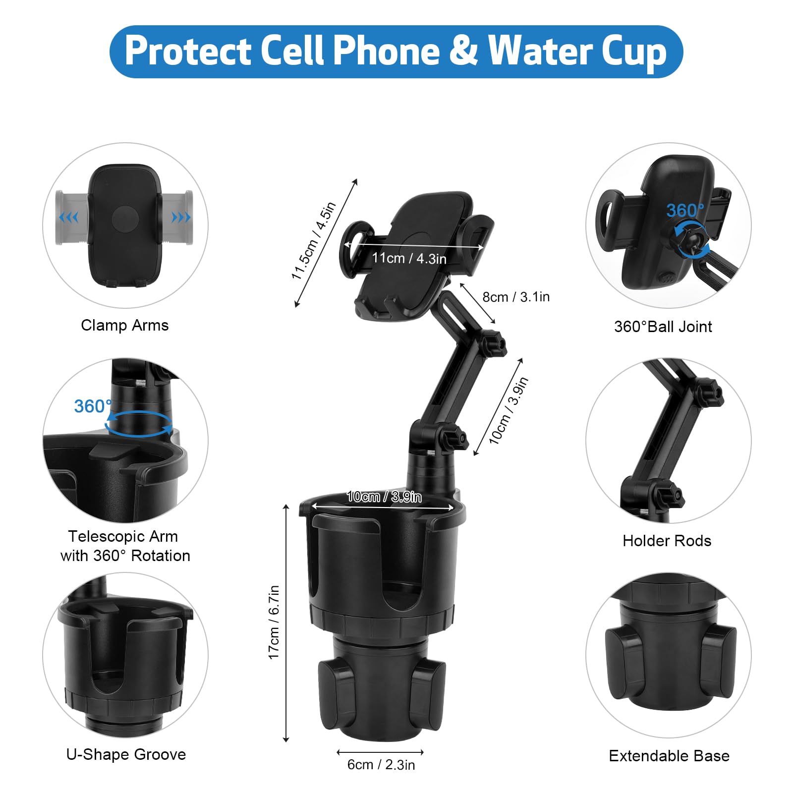 JRing Car Cup Holder Expander with Phone Mount, Cup Holder Cell Phone Holder, Durable Cell for Compatible iPhone Samsung & All Smartphones