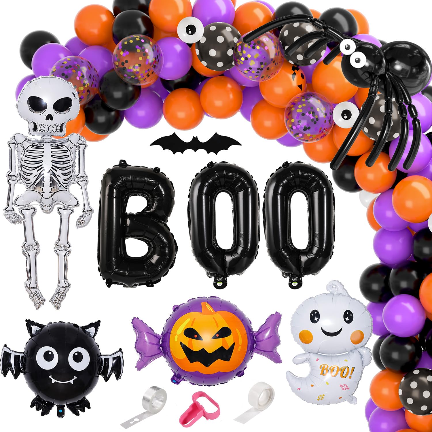 Black Orange Purple Halloween Balloons Garland Arch Kit, 129pcs 5/10/12/18 Inch Halloween Balloons Decorations with Pumpkin Skull Bat Ghost Letter Foil Balloons for Halloween Birthday Party Supplies