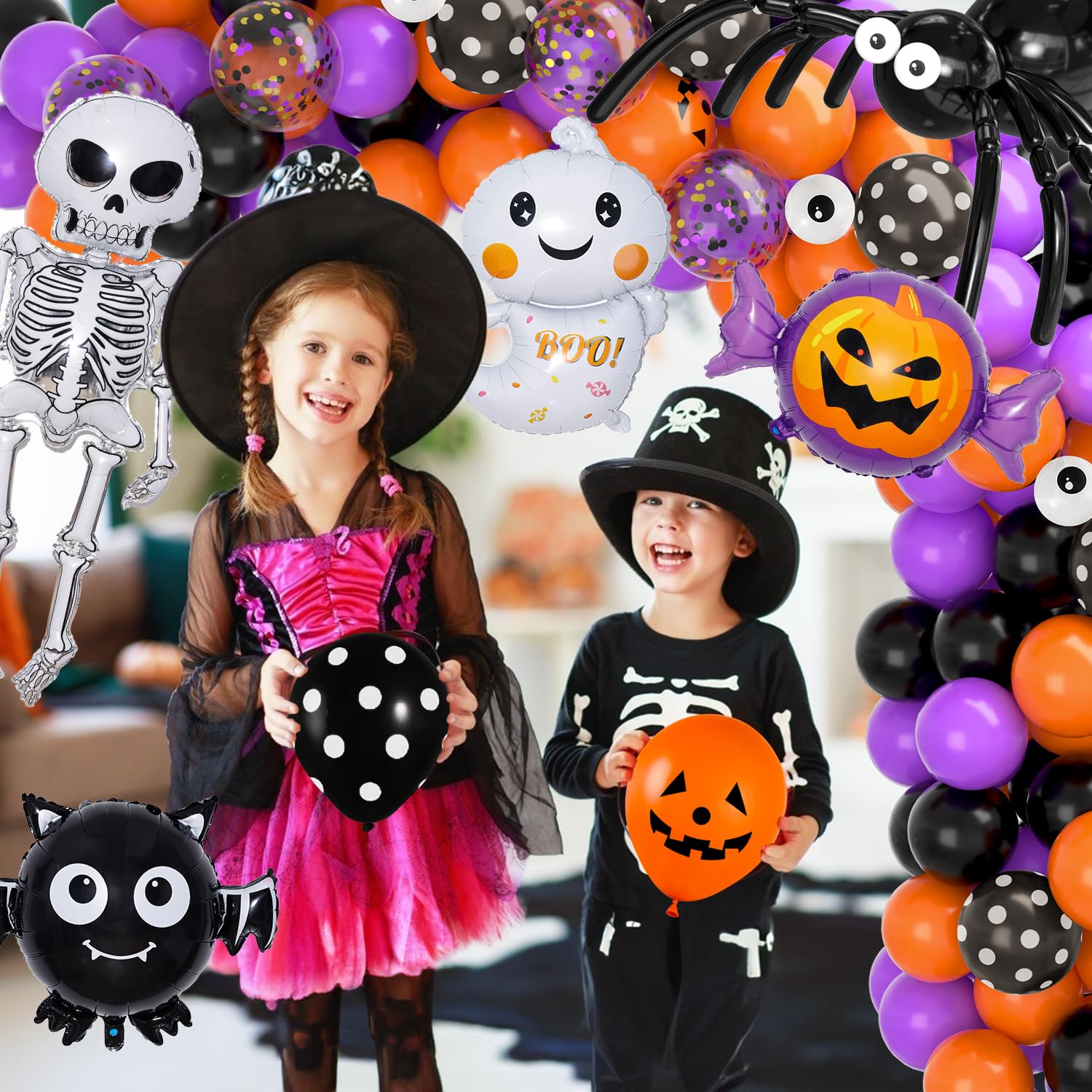 Black Orange Purple Halloween Balloons Garland Arch Kit, 129pcs 5/10/12/18 Inch Halloween Balloons Decorations with Pumpkin Skull Bat Ghost Letter Foil Balloons for Halloween Birthday Party Supplies