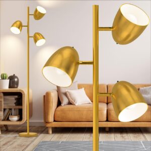 cnxin tree floor lamp with 3 light bulbs standing tall pole lamps with adjustable metal heads 65"reading stand up lamps with e26 base modern floor lamps for living rooms, bedrooms, home, office(gold)