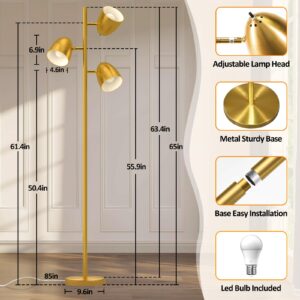 CNXIN Tree Floor Lamp with 3 Light Bulbs Standing Tall Pole Lamps with Adjustable Metal Heads 65"Reading Stand up Lamps with E26 Base Modern Floor Lamps for Living Rooms, Bedrooms, Home, Office(Gold)