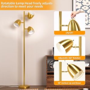 CNXIN Tree Floor Lamp with 3 Light Bulbs Standing Tall Pole Lamps with Adjustable Metal Heads 65"Reading Stand up Lamps with E26 Base Modern Floor Lamps for Living Rooms, Bedrooms, Home, Office(Gold)