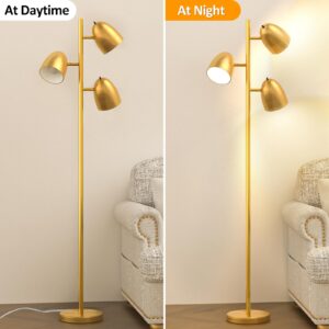 CNXIN Tree Floor Lamp with 3 Light Bulbs Standing Tall Pole Lamps with Adjustable Metal Heads 65"Reading Stand up Lamps with E26 Base Modern Floor Lamps for Living Rooms, Bedrooms, Home, Office(Gold)