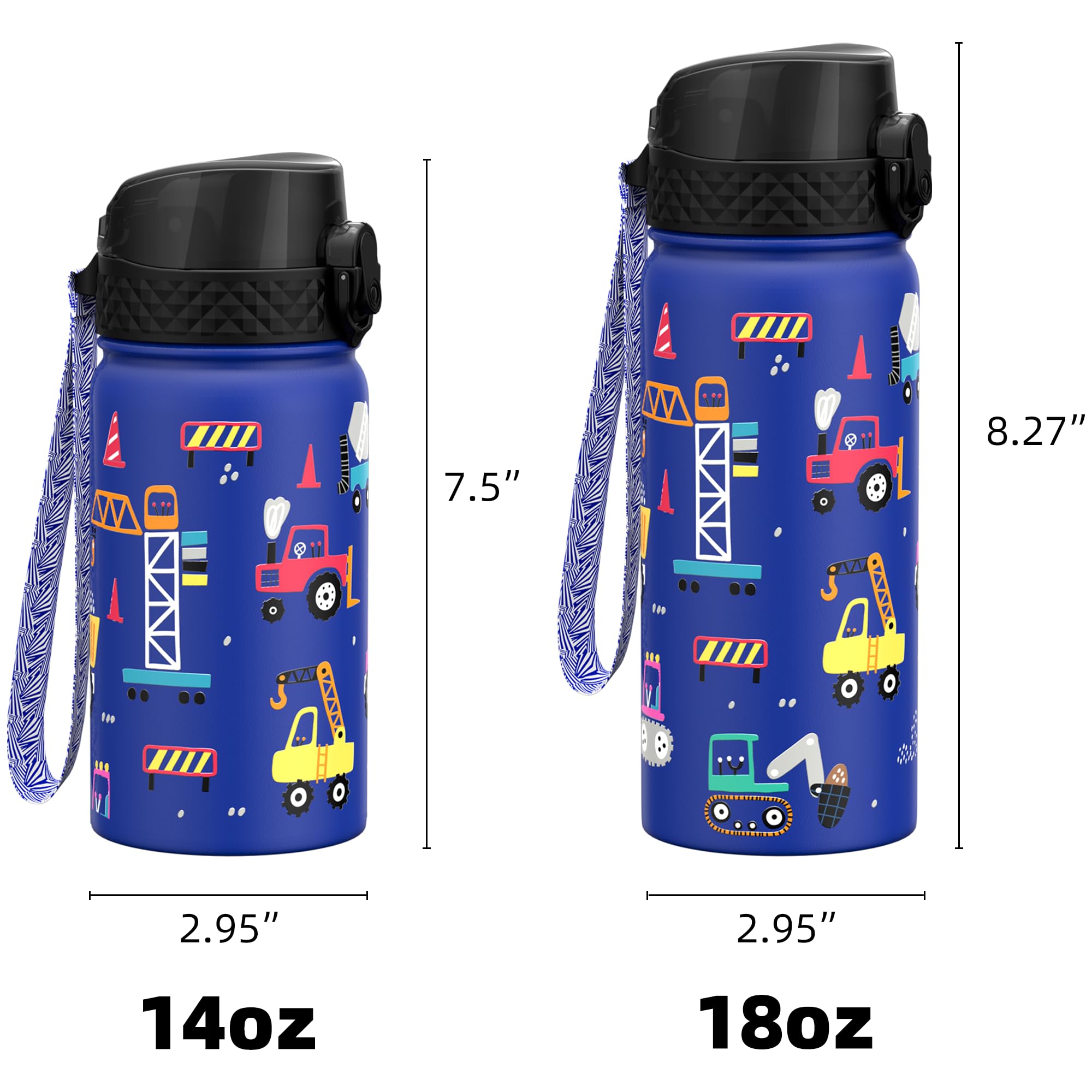 Fanhaw 14 Oz Kids Insulated Stainless Steel Water Bottle with Straw Lid - Leak & Sweat Proof with Anti-Dust Lid (Blue - Under Construction)