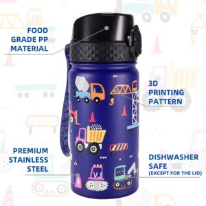 Fanhaw 14 Oz Kids Insulated Stainless Steel Water Bottle with Straw Lid - Leak & Sweat Proof with Anti-Dust Lid (Blue - Under Construction)