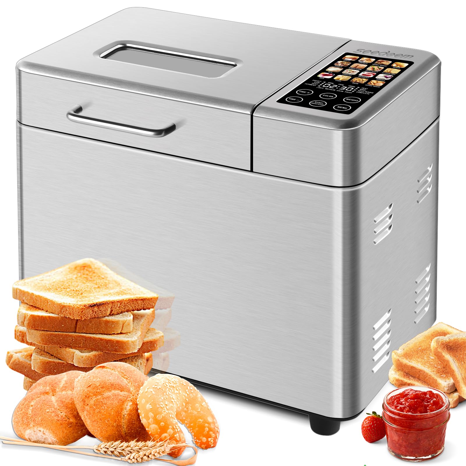 SEEDEEM 16-in-1 Bread Machine, 2.2LB Stainless Steel Bread Maker with Fruit and Nut Dispenser, Nonstick Ceramic Pan, 3 Crust Colors & 3 Loaf Sizes, Touch Panel, Recipes, Silver