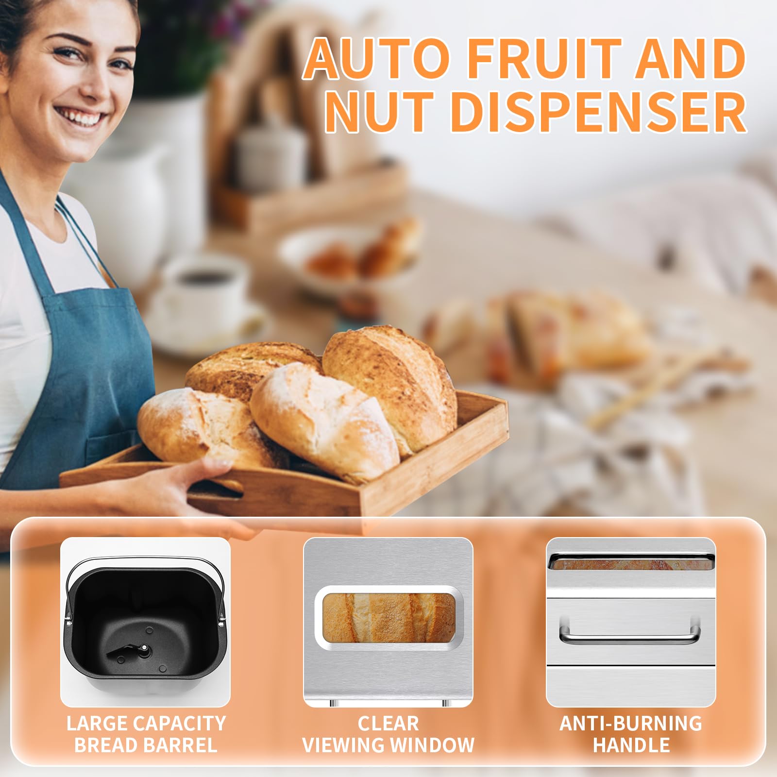 SEEDEEM 16-in-1 Bread Machine, 2.2LB Stainless Steel Bread Maker with Fruit and Nut Dispenser, Nonstick Ceramic Pan, 3 Crust Colors & 3 Loaf Sizes, Touch Panel, Recipes, Silver