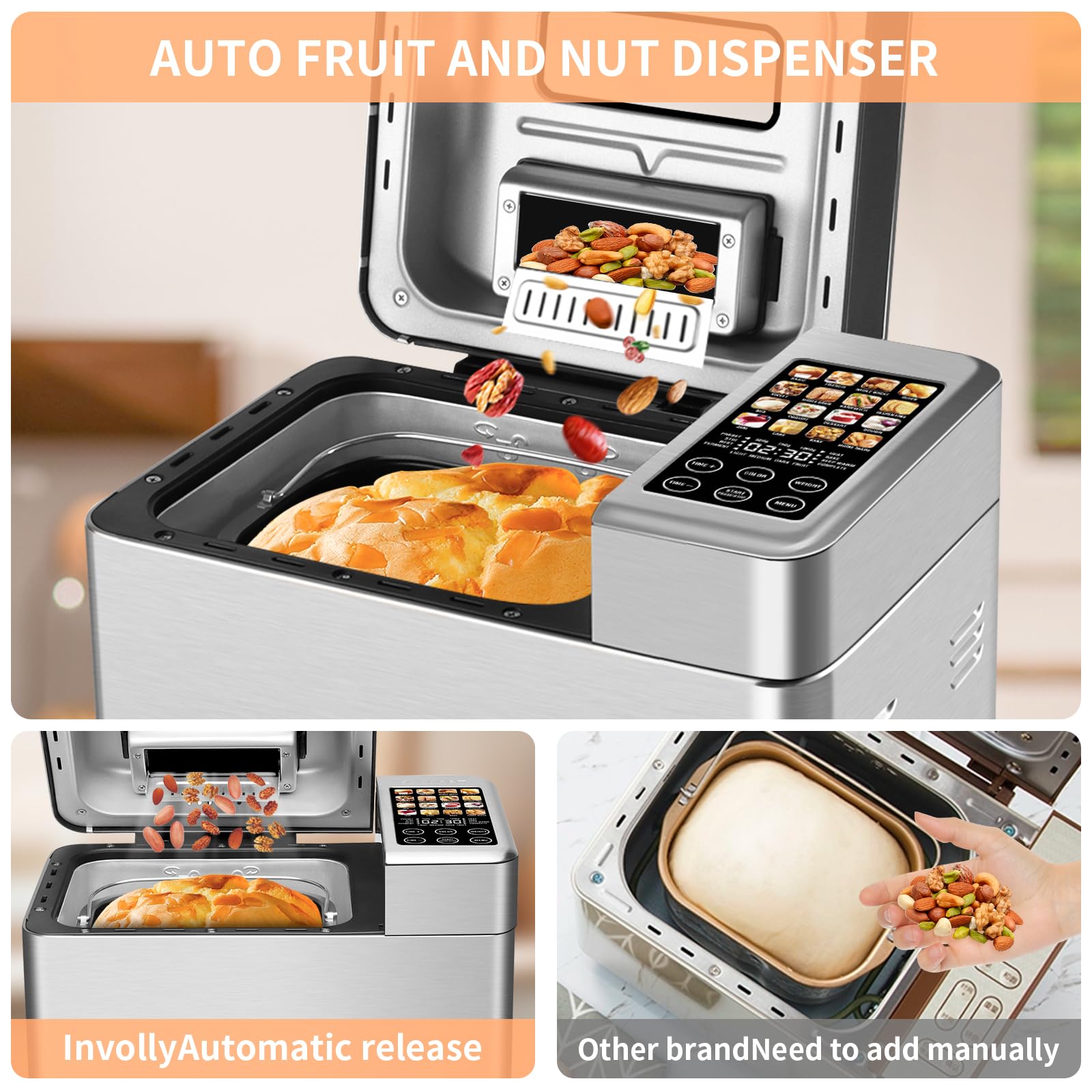 SEEDEEM 16-in-1 Bread Machine, 2.2LB Stainless Steel Bread Maker with Fruit and Nut Dispenser, Nonstick Ceramic Pan, 3 Crust Colors & 3 Loaf Sizes, Touch Panel, Recipes, Silver