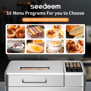 SEEDEEM 16-in-1 Bread Machine, 2.2LB Stainless Steel Bread Maker with Fruit and Nut Dispenser, Nonstick Ceramic Pan, 3 Crust Colors & 3 Loaf Sizes, Touch Panel, Recipes, Silver