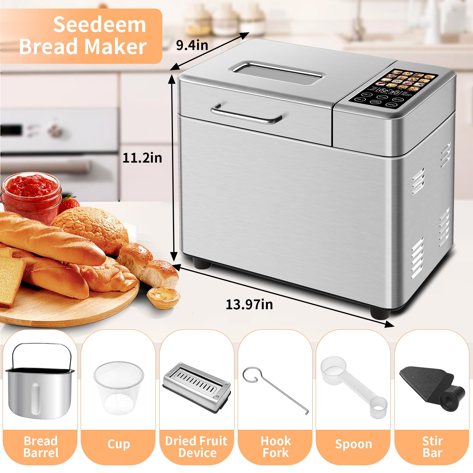 SEEDEEM 16-in-1 Bread Machine, 2.2LB Stainless Steel Bread Maker with Fruit and Nut Dispenser, Nonstick Ceramic Pan, 3 Crust Colors & 3 Loaf Sizes, Touch Panel, Recipes, Silver